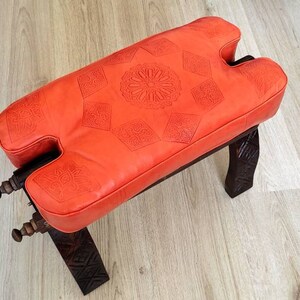 Handmade Moroccan Footstool, Carved Wooden Stool With Genuine Leather ...