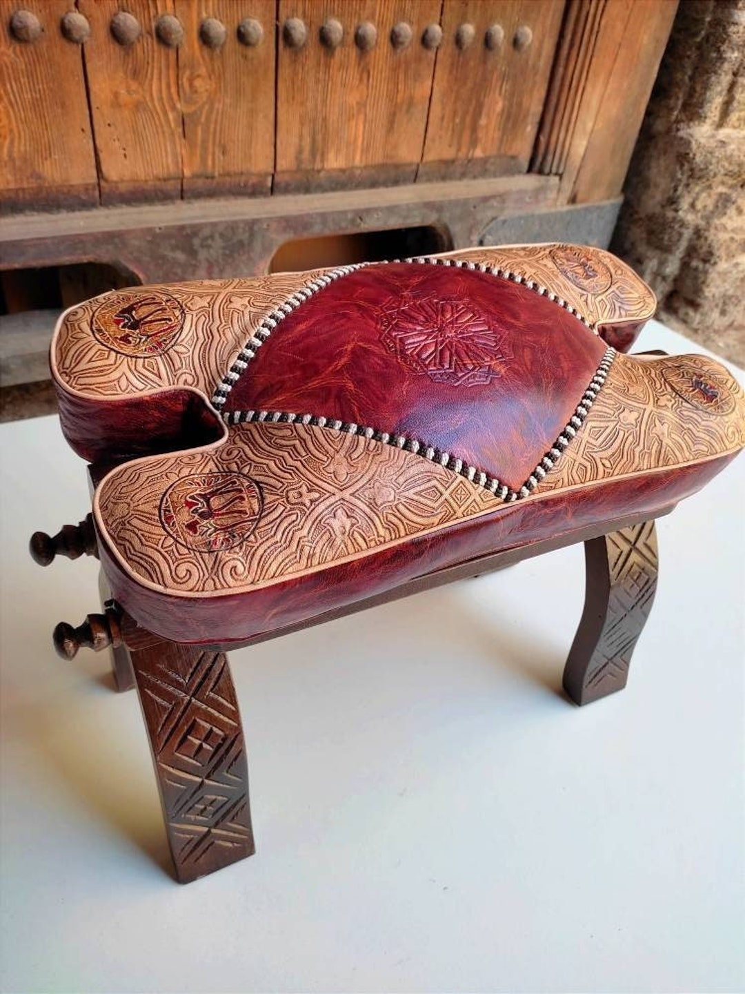 Moroccan Leather Camel Stool, Foldable Wooden Stool Withe Genuine ...