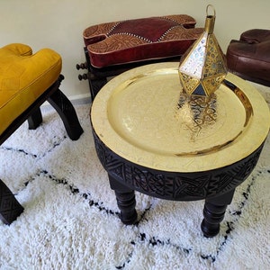 Handmade Moroccan Footstool, Carved Wooden Stool With Genuine Leather ...