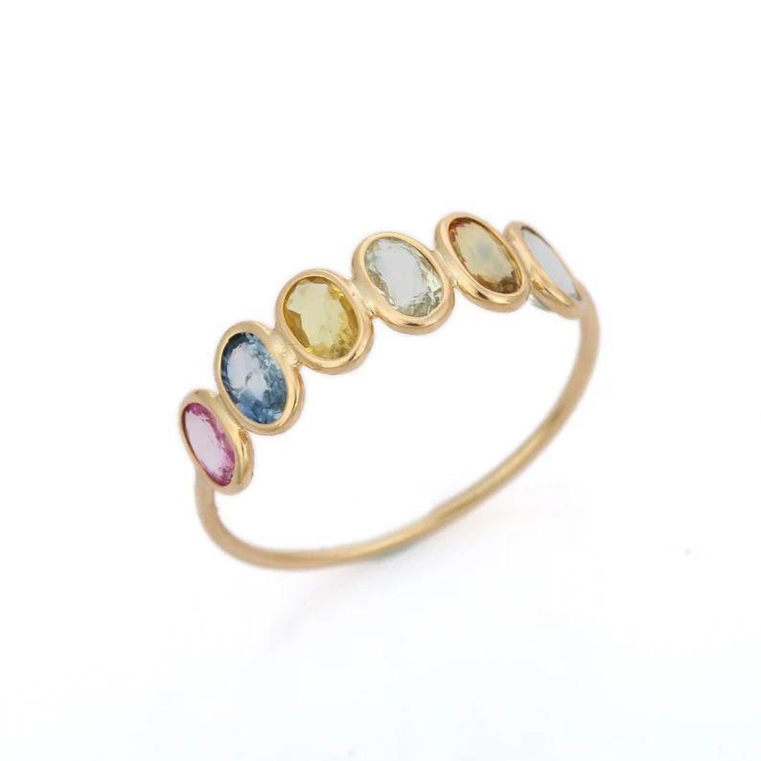 14K Gold Rainbow Sapphire Ring: Multi Color Eternity Band - Etsy