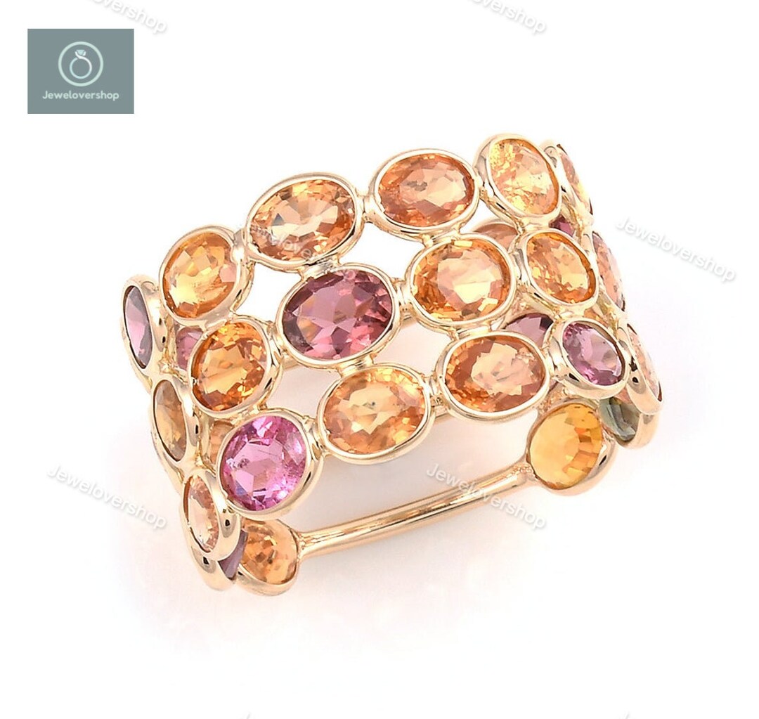 Rainbow Sapphire Ring, 14K Gold Natural Multi Colored Sapphire Stone ...
