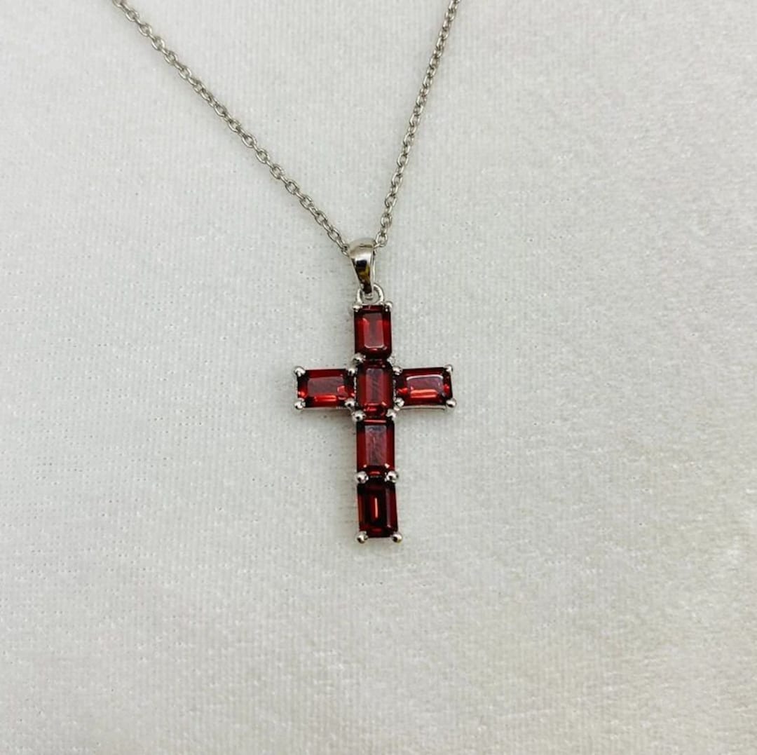 Handmade 14K White Gold Garnet Cross Pendant Necklace - Etsy