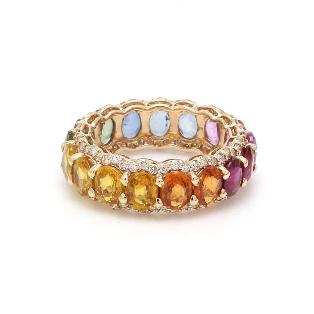 18K Yellow Gold Multi Sapphire Ring, Natural Colorful Gemstone Ring ...