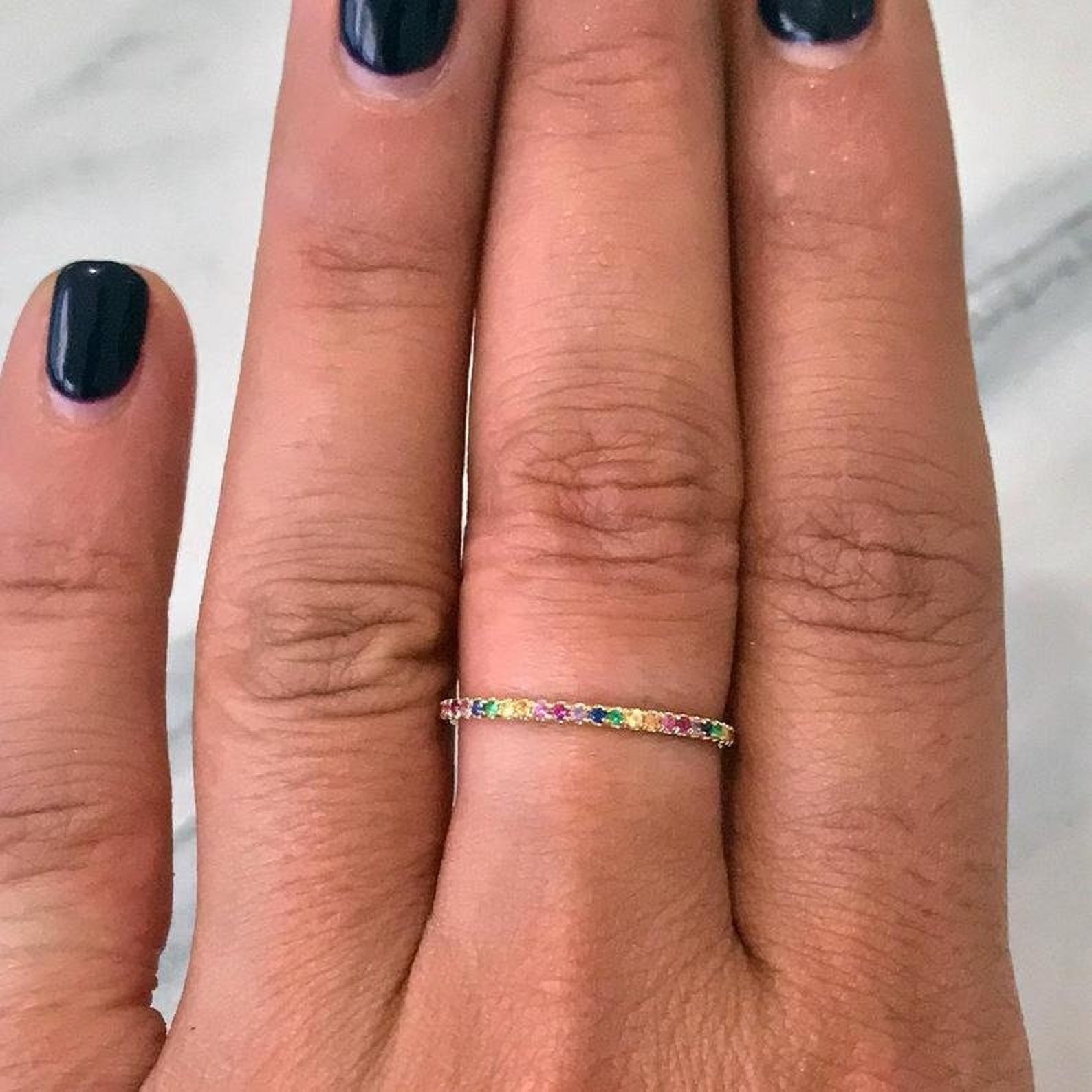 Rainbow Gemstone Ring Natural Multi Sapphire Band 14K Solid | Etsy