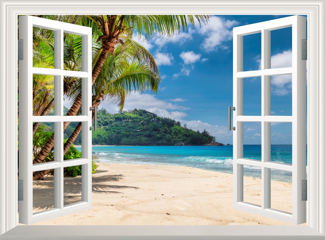 Beach Wall Sticker 3D Window View Beach Wall Decal Removable Vinyl Art ...