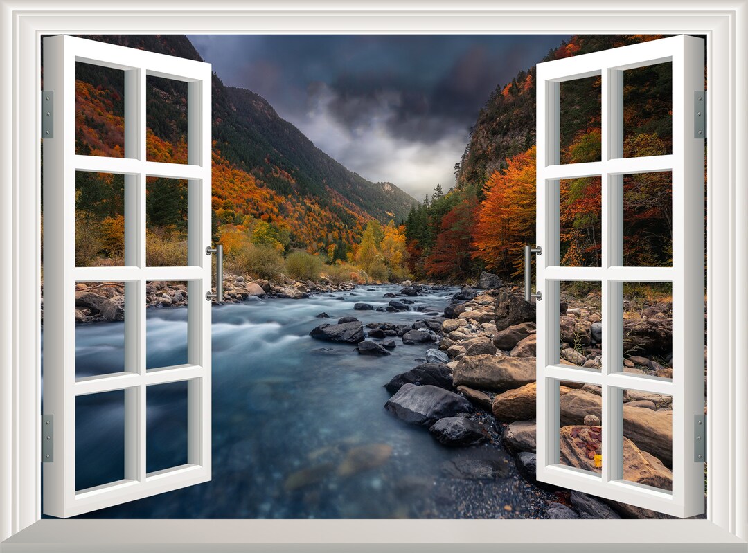 Autumn Forest River Window View Wall Decal: 3D Vinyl Mural - Etsy