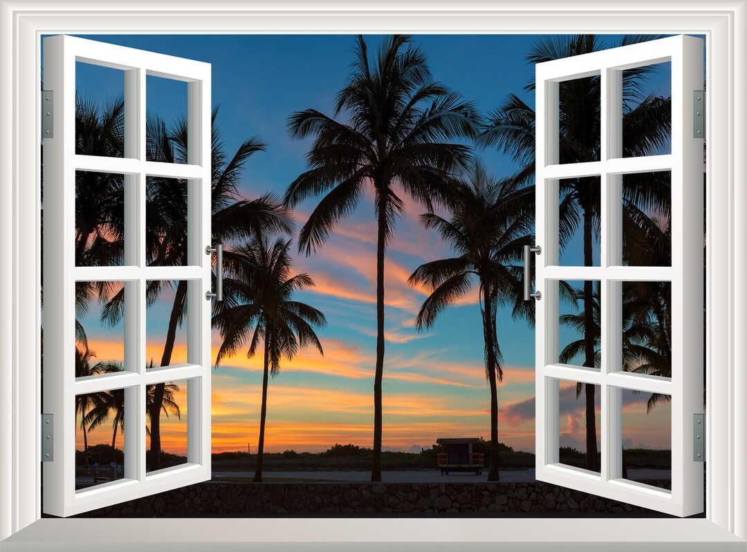 3D Tropical Beach Palm Window View Wall Decal - Removable Vinyl Mural ...