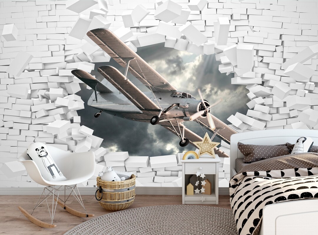 Airplane Brick Wall Mural: Kids Room Peel and Stick Wallpaper - Etsy