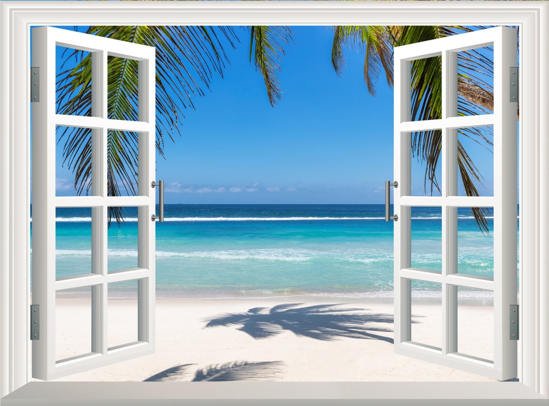 Beach Wall Sticker 3D Window View Beach Wall Decal Removable Vinyl Art ...