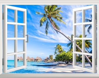 Caribbean Beach Tropical View Window 3D Wall Decal Art Removable ...