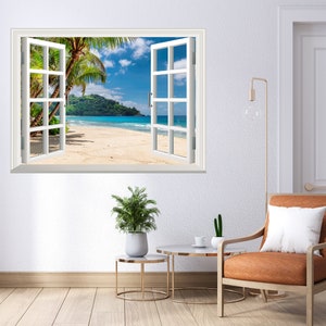 Beach Wall Sticker 3D Window View Beach Wall Decal Removable Vinyl Art ...