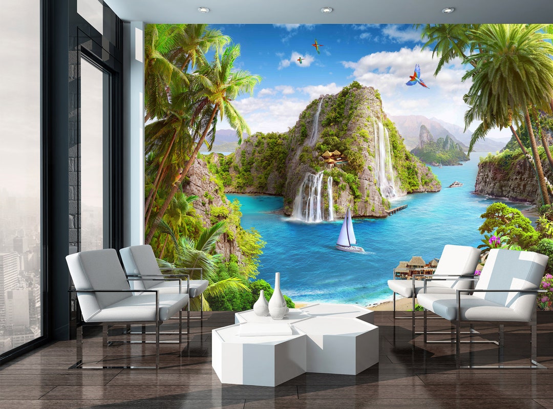 Tropical Island, Lagoon T Wall Texture Wallpaper, Wall Mural, Peel and ...