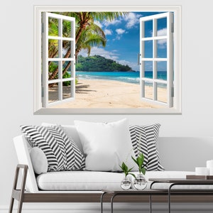 Beach Wall Sticker 3D Window View Beach Wall Decal Removable Vinyl Art ...