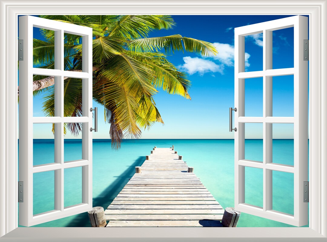3D Beach Window View Wall Decal: Palm Tree Ocean Mural - Etsy