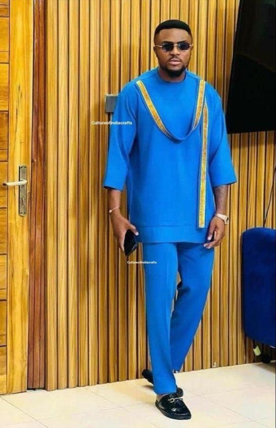 Sky Blue African Men's Suit, Golden Strip, Cotton Blend - Etsy