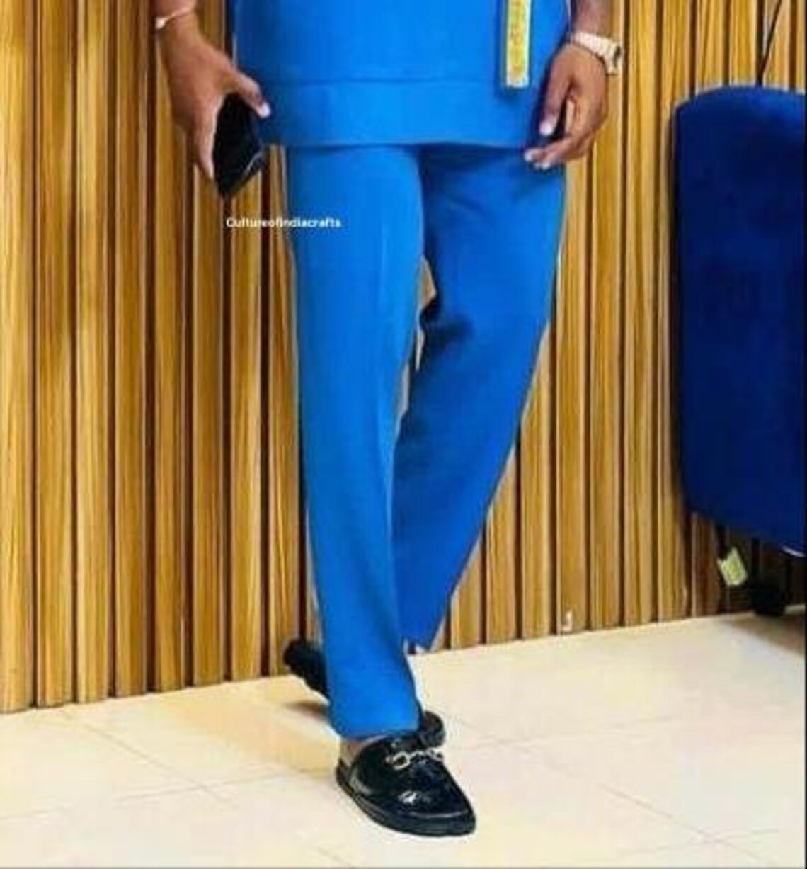 Sky Blue African Men's Suit, Golden Strip, Cotton Blend - Etsy