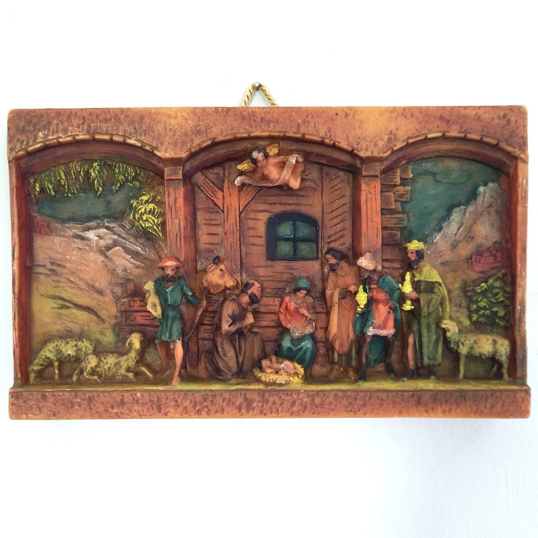 Vintage Wax Relief Nativity Scene Wall Hanging Hand Carved & Painted ...
