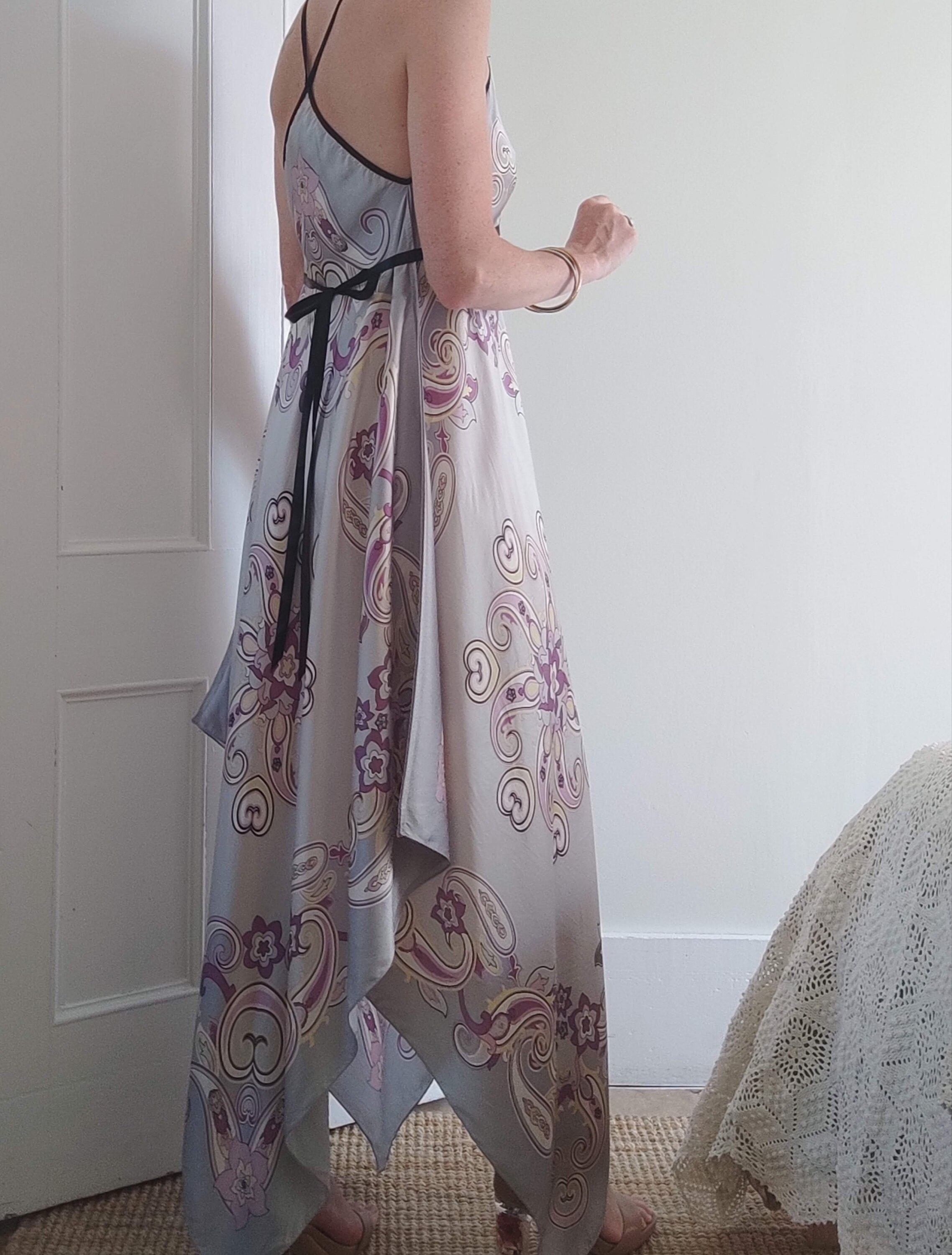 Vintage Pure Silk Maxi Scarf Dress With Handkerchief Hemline & Empire ...