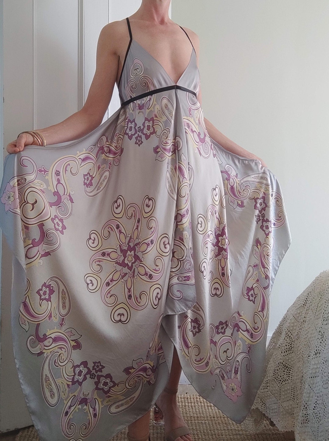 Vintage Pure Silk Maxi Scarf Dress With Handkerchief Hemline & Empire ...