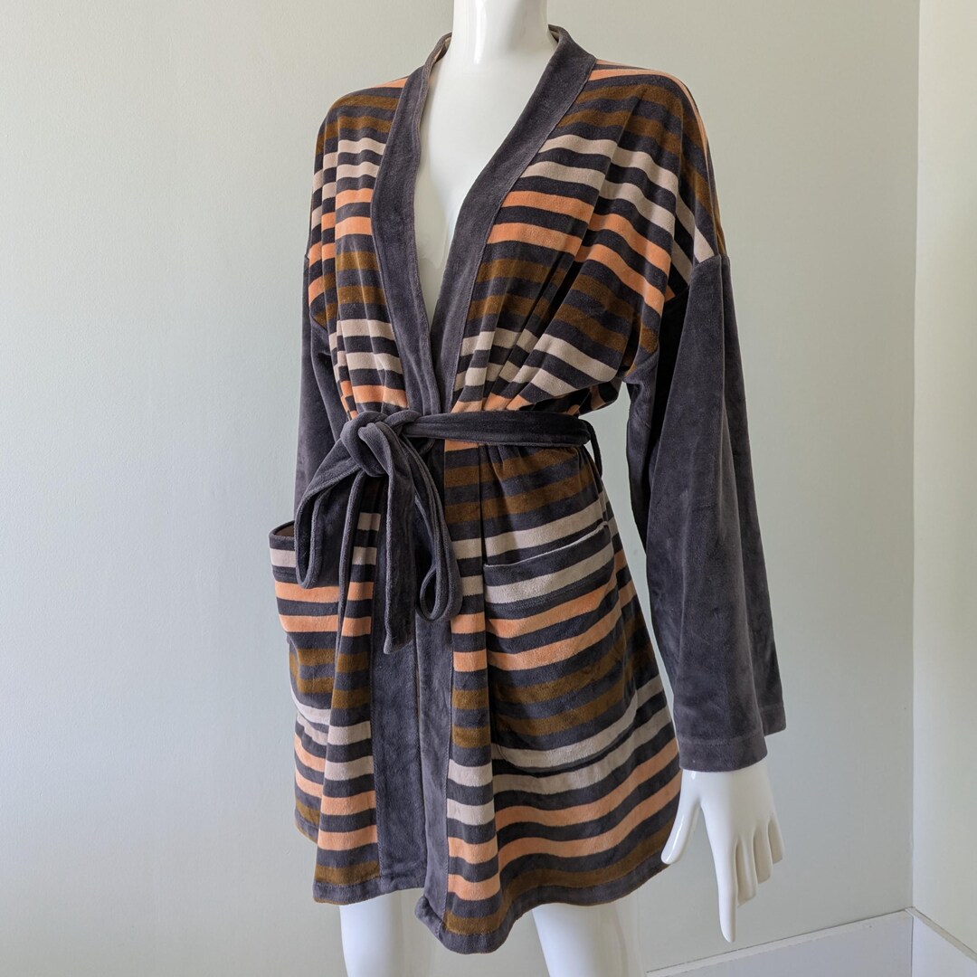 Vintage 70s Striped Velour Short Robe | French Parisian Loungewear - Etsy