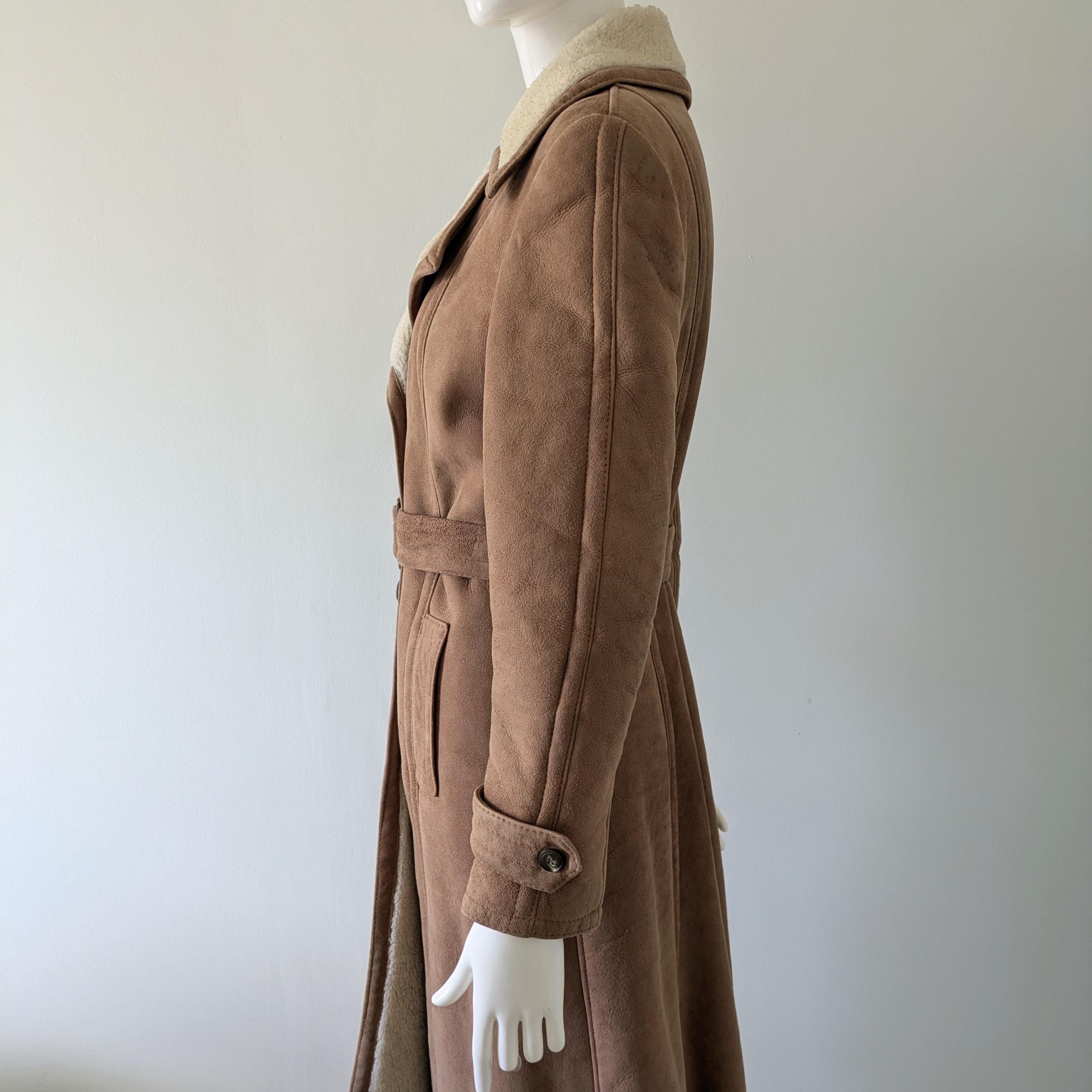 Vintage 1980s Sheepskin Belted Trench Coat, Double Breasted Long Coat ...