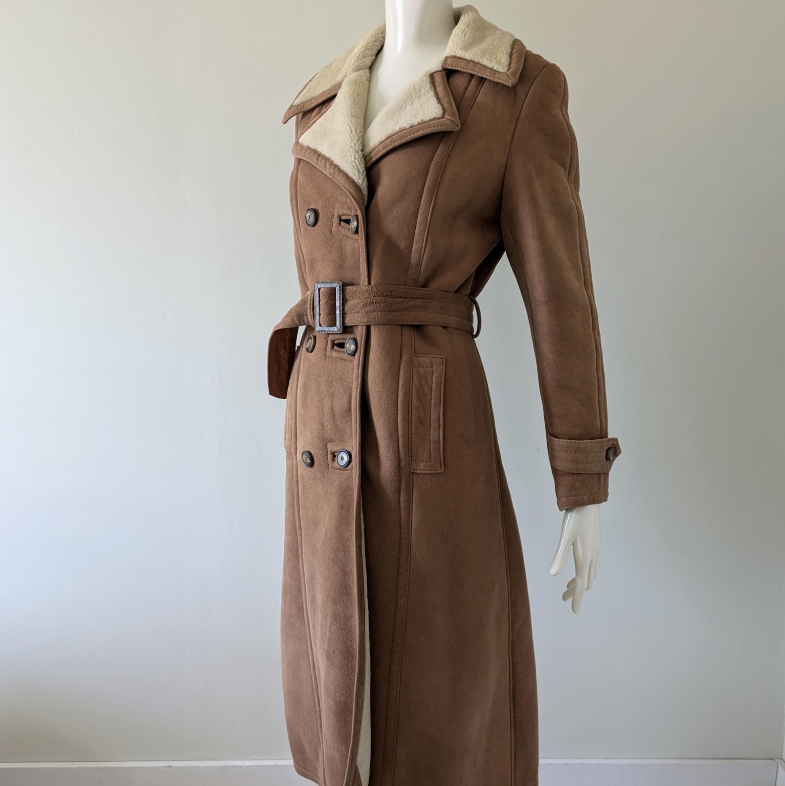 Vintage 1980s Sheepskin Belted Trench Coat, Double Breasted Long Coat ...