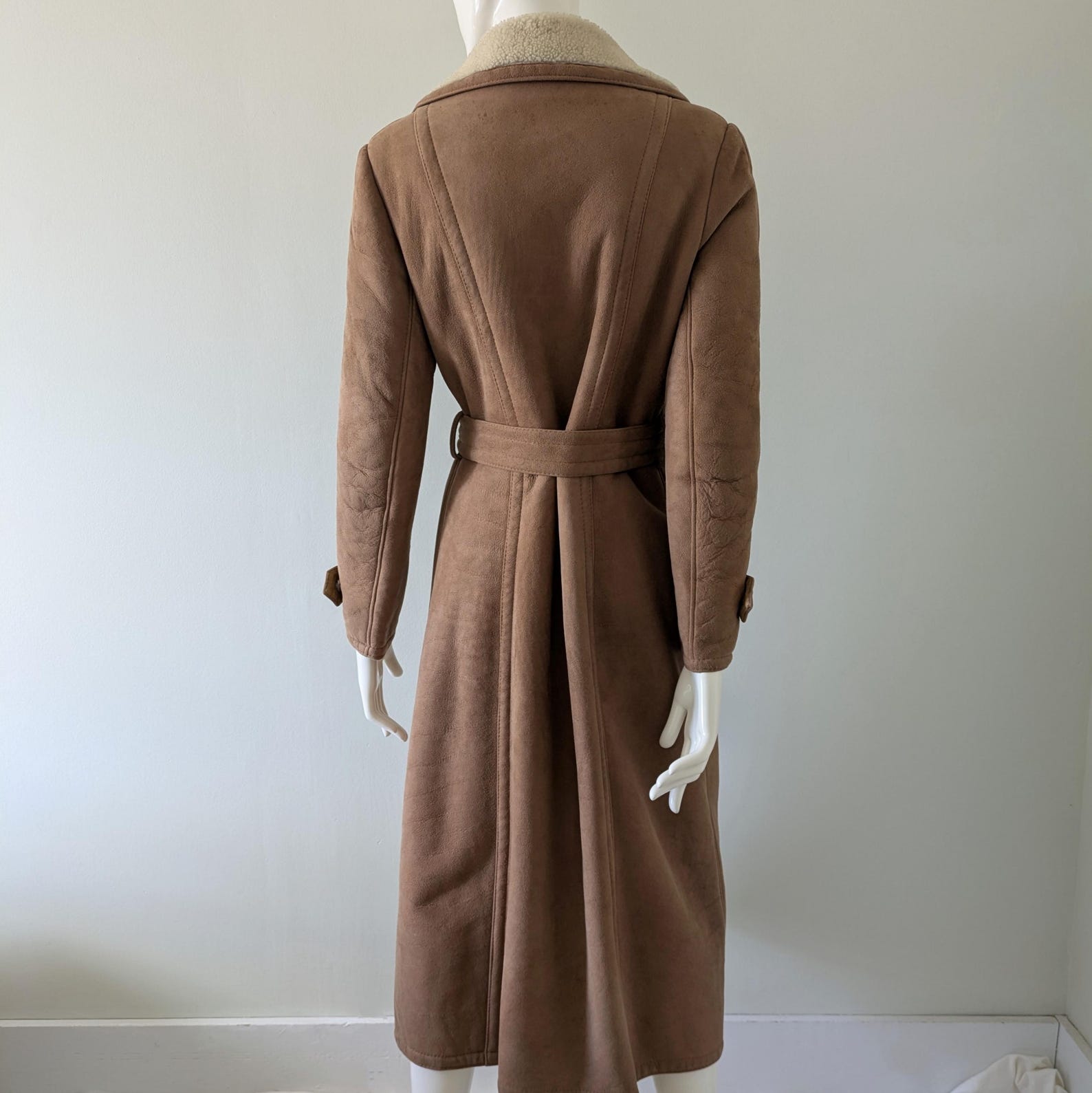 Vintage 1980s Sheepskin Belted Trench Coat, Double Breasted Long Coat ...