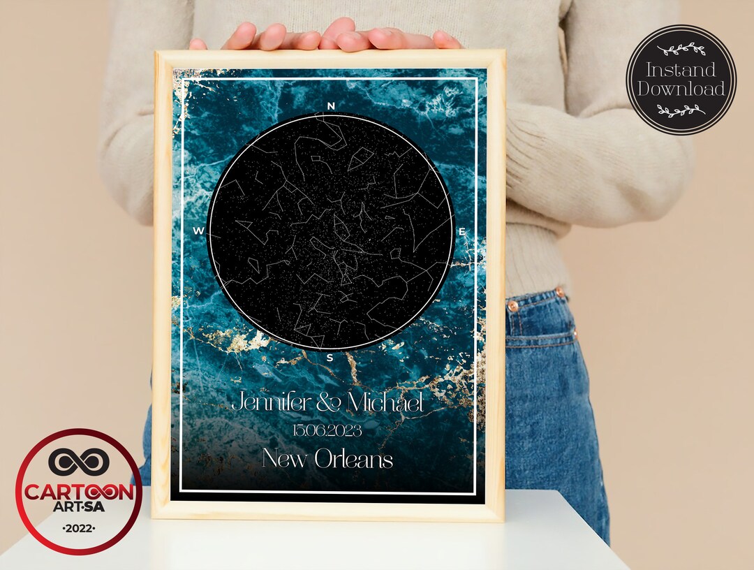 CUSTOM STAR MAP Blue Gold Marble Background Night Sky Print Poster ...