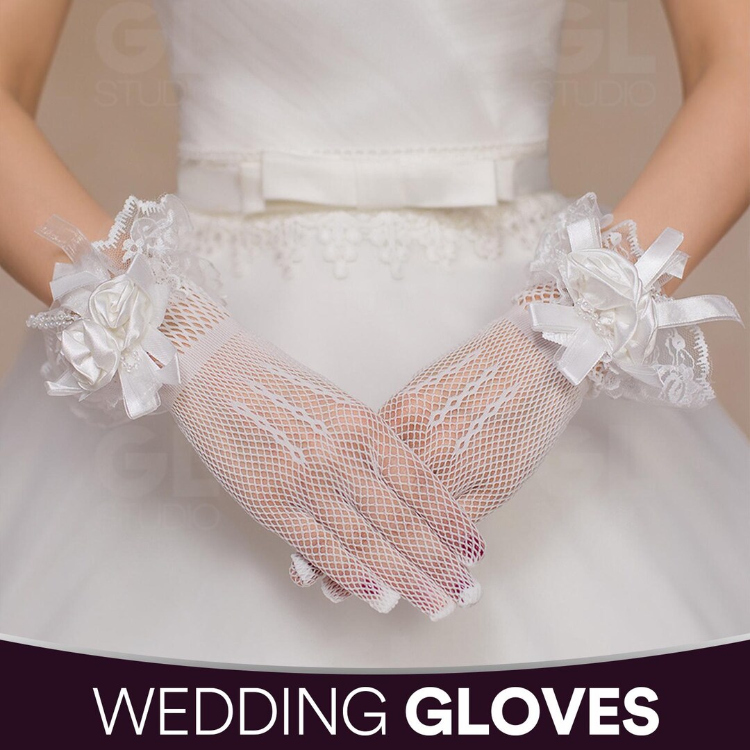 Mesh Sheer Tulle Bridal Gloves With Lace Bow – Classic Short Lace ...