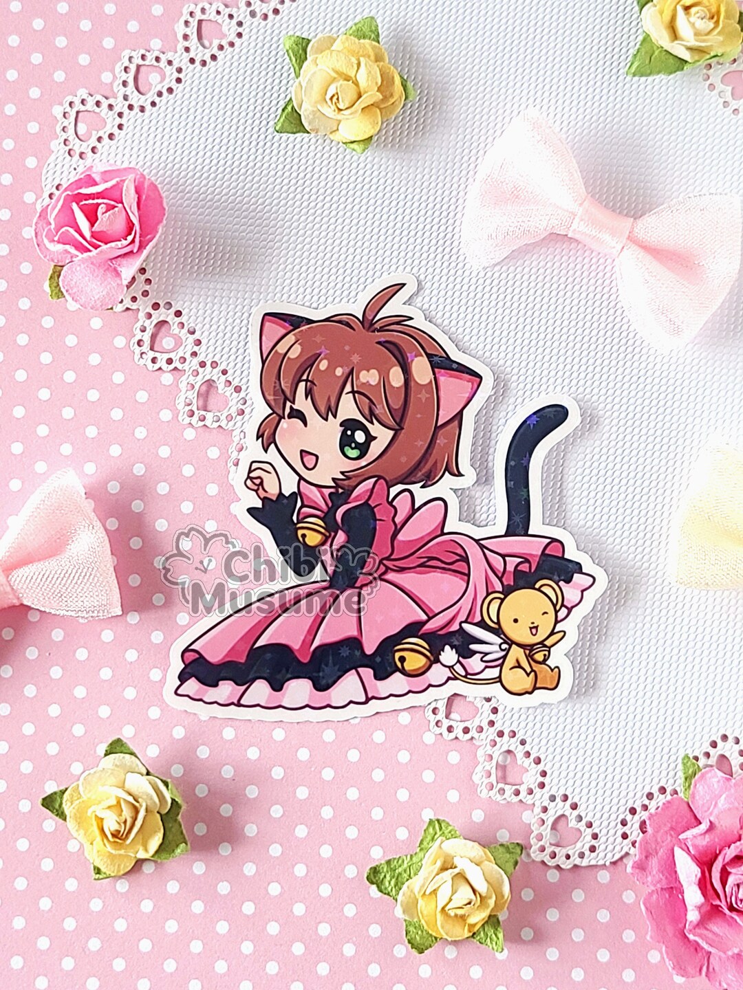Pink Sakura Cat Costume With Kero Sticker I Glossy Holographic - Etsy