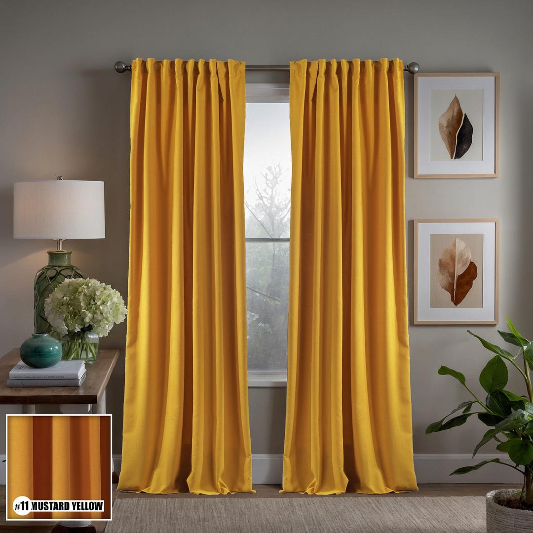 Mustard Yellow Faux Velvet Curtain Panel: Custom Length, 6-in-1 Hanging ...