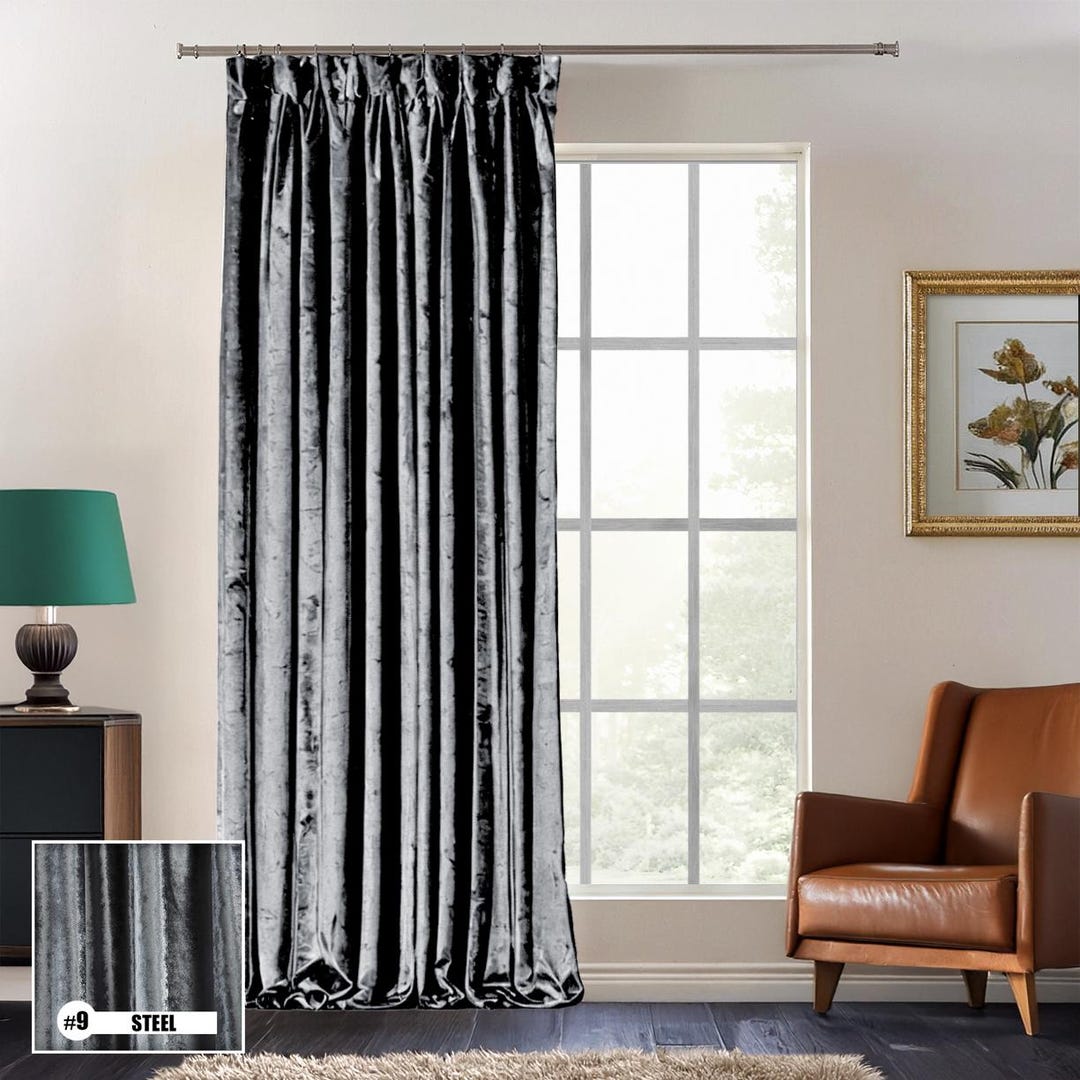 Extra Long Velvet Curtain Panel: Steel Gray Double Pinch Pleat, Custom ...