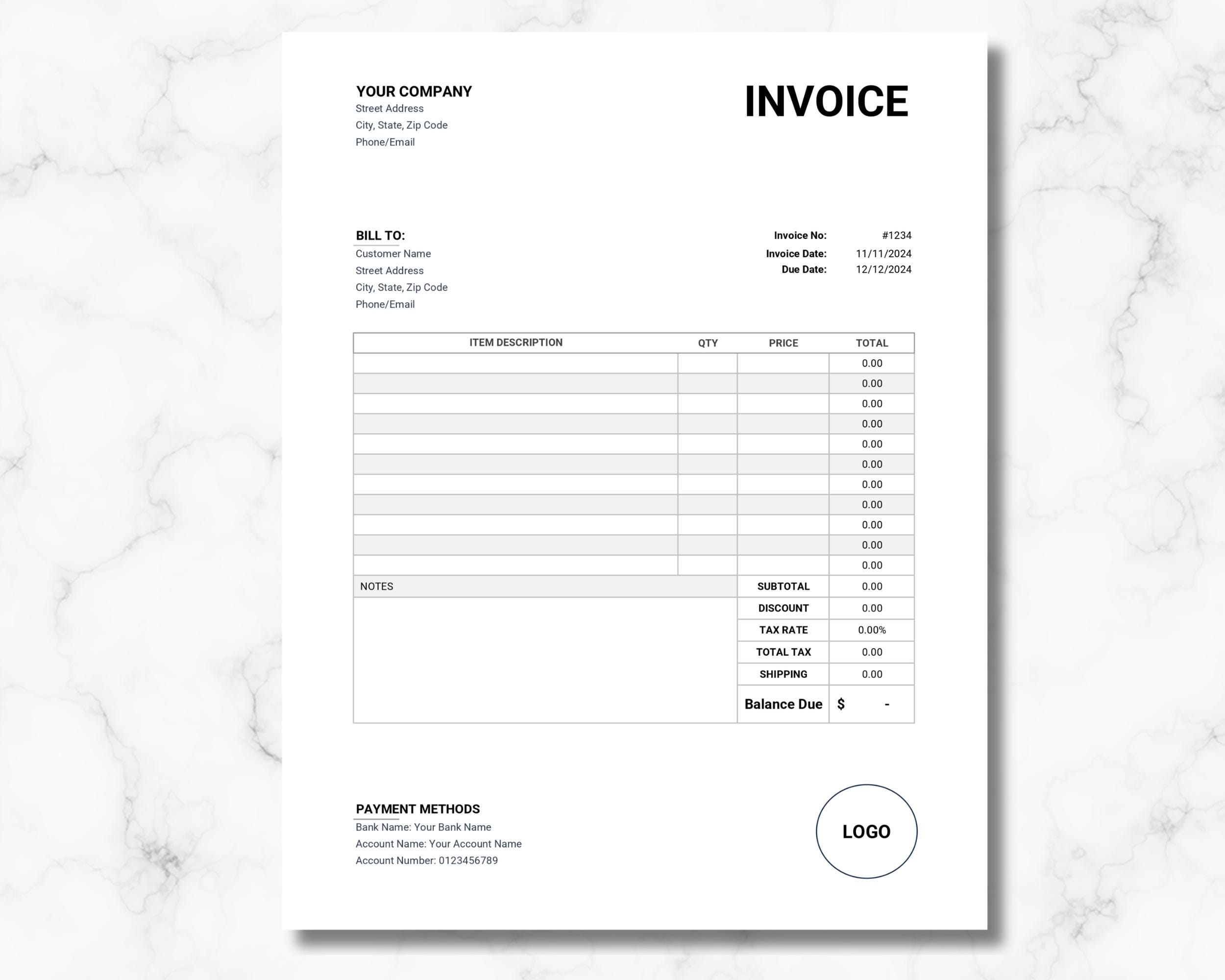 Editable Invoice Template - Excel, Google Sheets Minimalist Billing ...