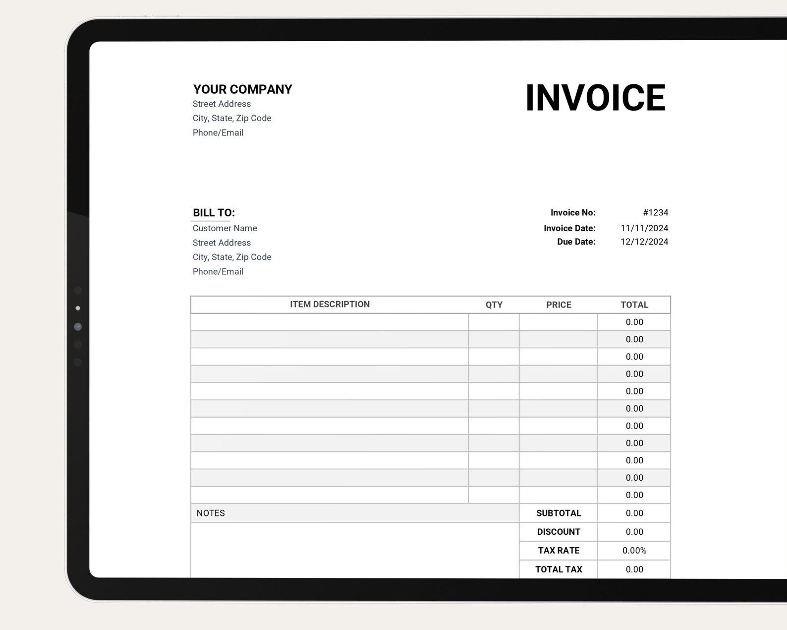 Editable Invoice Template - Excel, Google Sheets Minimalist Billing ...