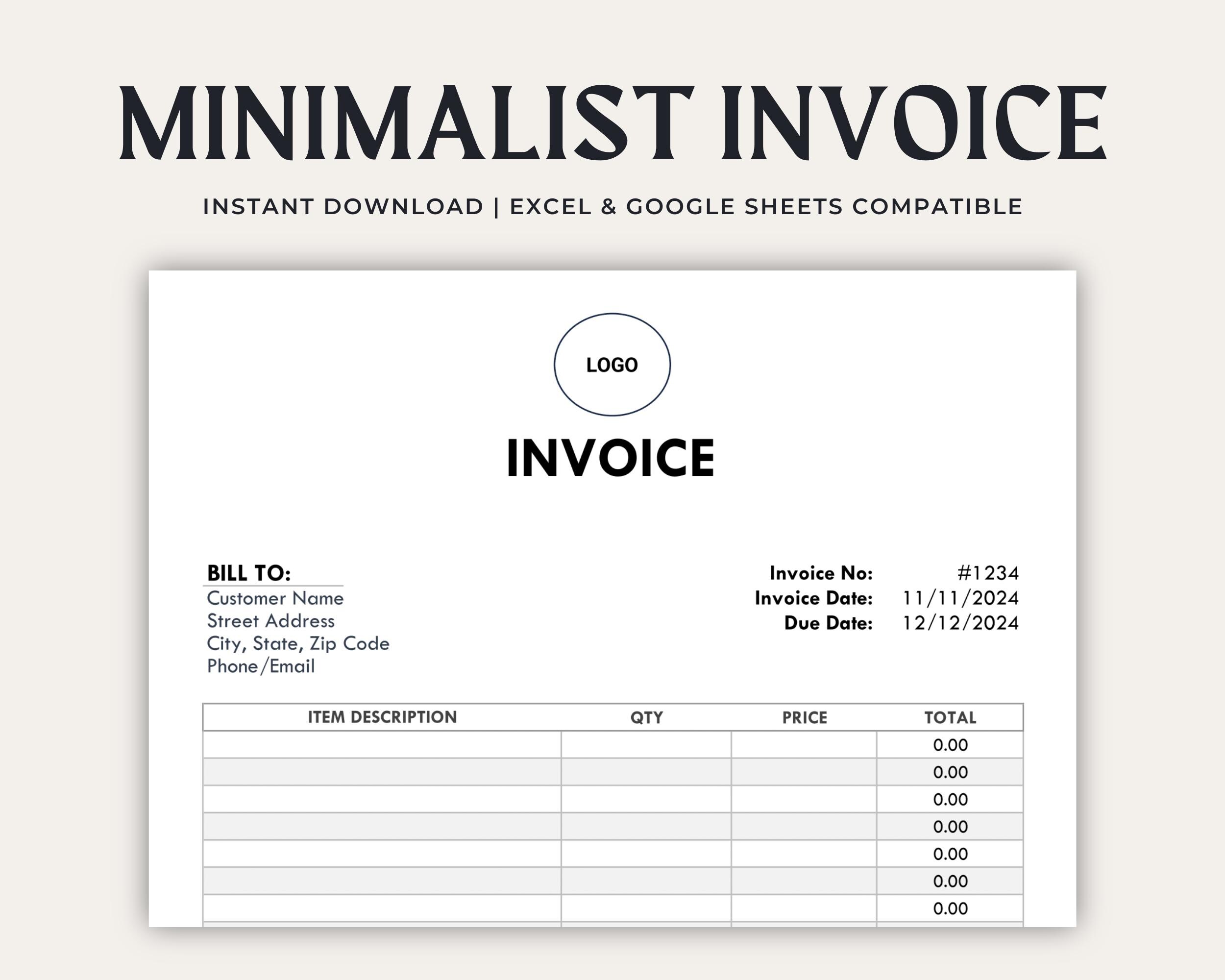 Excel, Google Sheets Invoice Template Editable Minimalist Billing ...