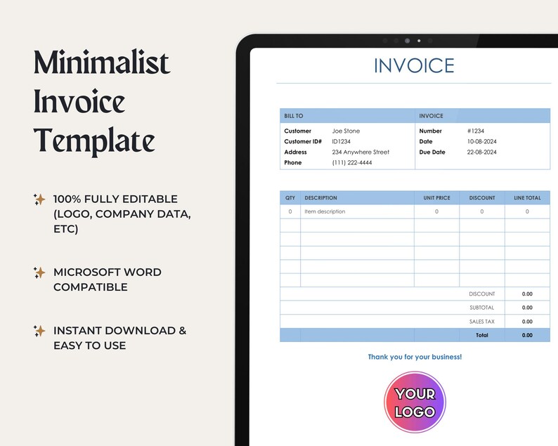 Invoice Template - Editable Microsoft Word Minimalist Billing Template ...