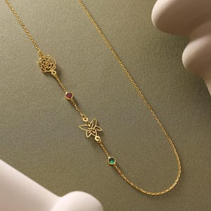 Sideway Birth Flower Necklace With Birthstones, Custom Birthstone ...