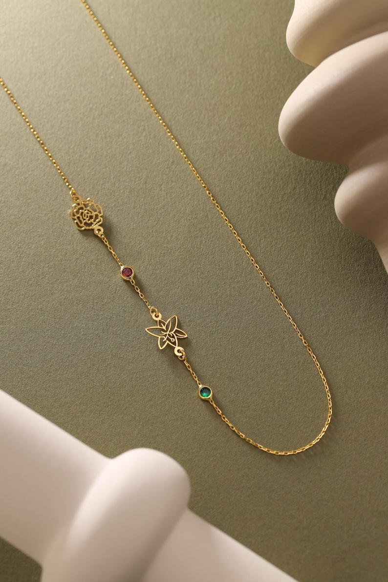Sideway Birth Flower Necklace With Birthstones, Custom Birthstone ...