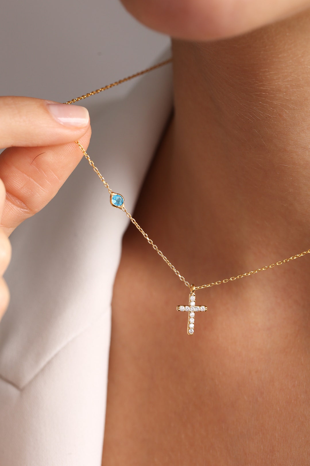 Birthstone Cross Necklace, Dainty Cross Pendant, Personalized Cross ...