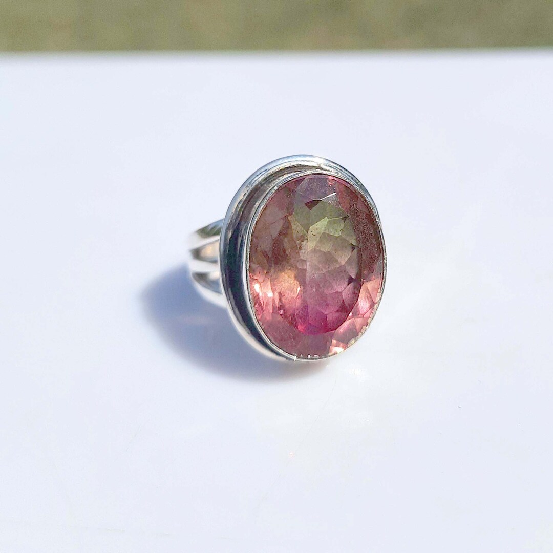 Watermelon Tourmaline Ring, Oval Shape, Gemstone Ring, Sterling Silver ...
