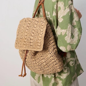 Handmade Raffia Backpack, Straw Backpack With Leather Strap, Woven ...