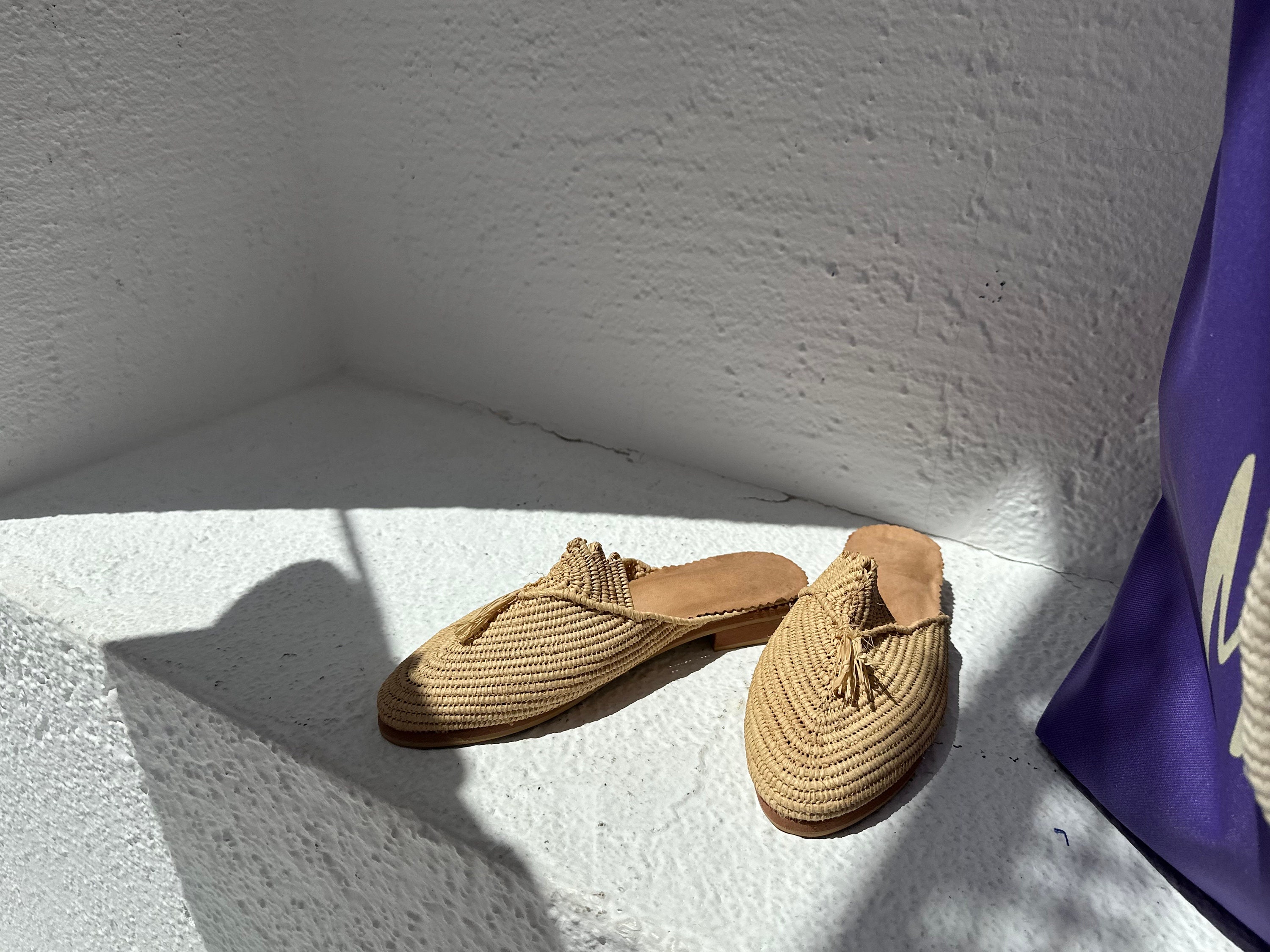 Boho Raffia Slippers, Straw Flat Sandal, Handwoven Slipper, Boho ...