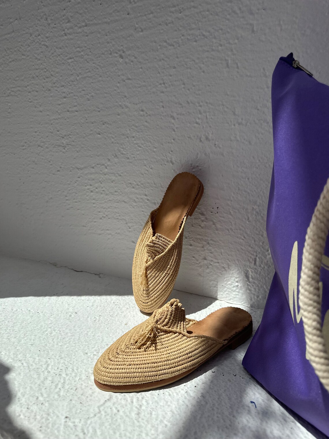 Boho Raffia Slippers, Straw Flat Sandal, Handwoven Slipper, Boho ...