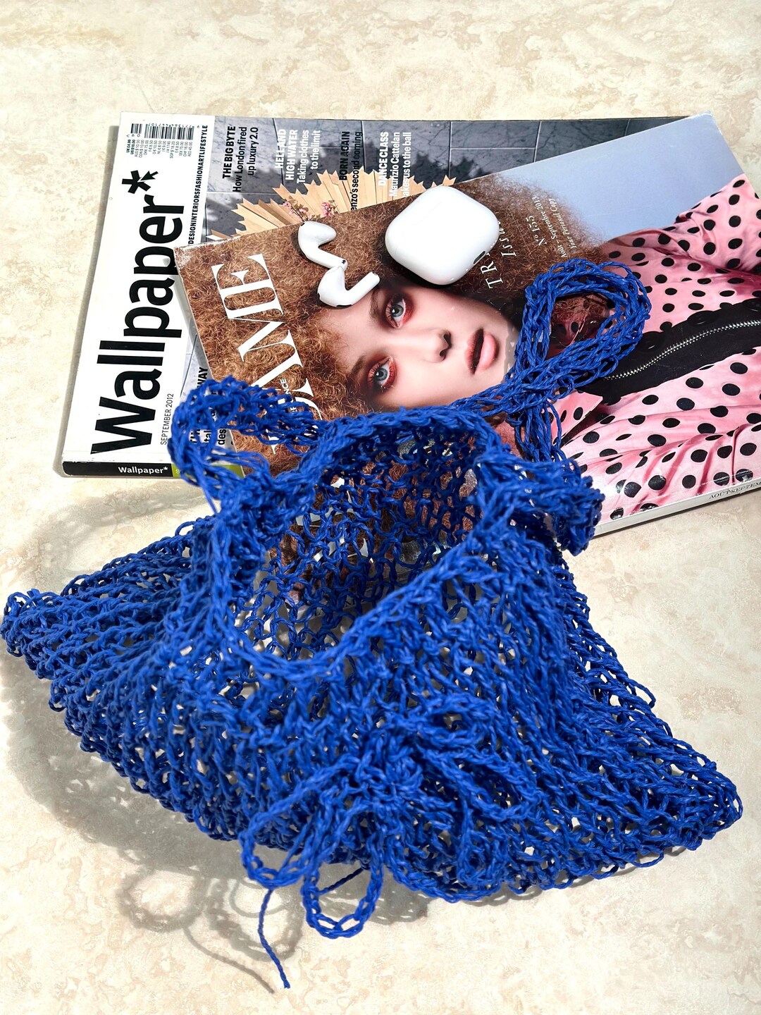 Small Blue Crochet Bag, Handmade Navy Blue Crochet Mini Raffia Tote Bag ...
