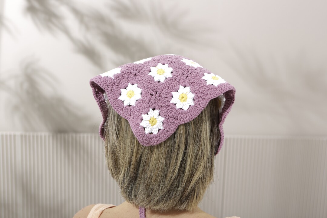 Flower Crochet Daisy Bandana, Flower Purple Hair Kercheif, Colorful ...