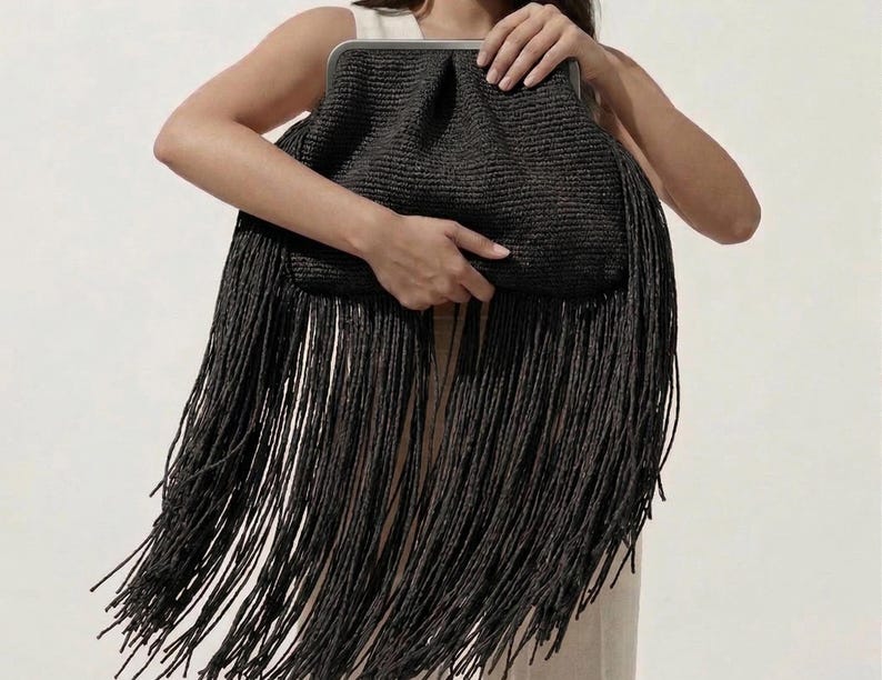Oversized Fringe Raffia Bag, XL Raffia Clutch, Crochet Handbag for ...