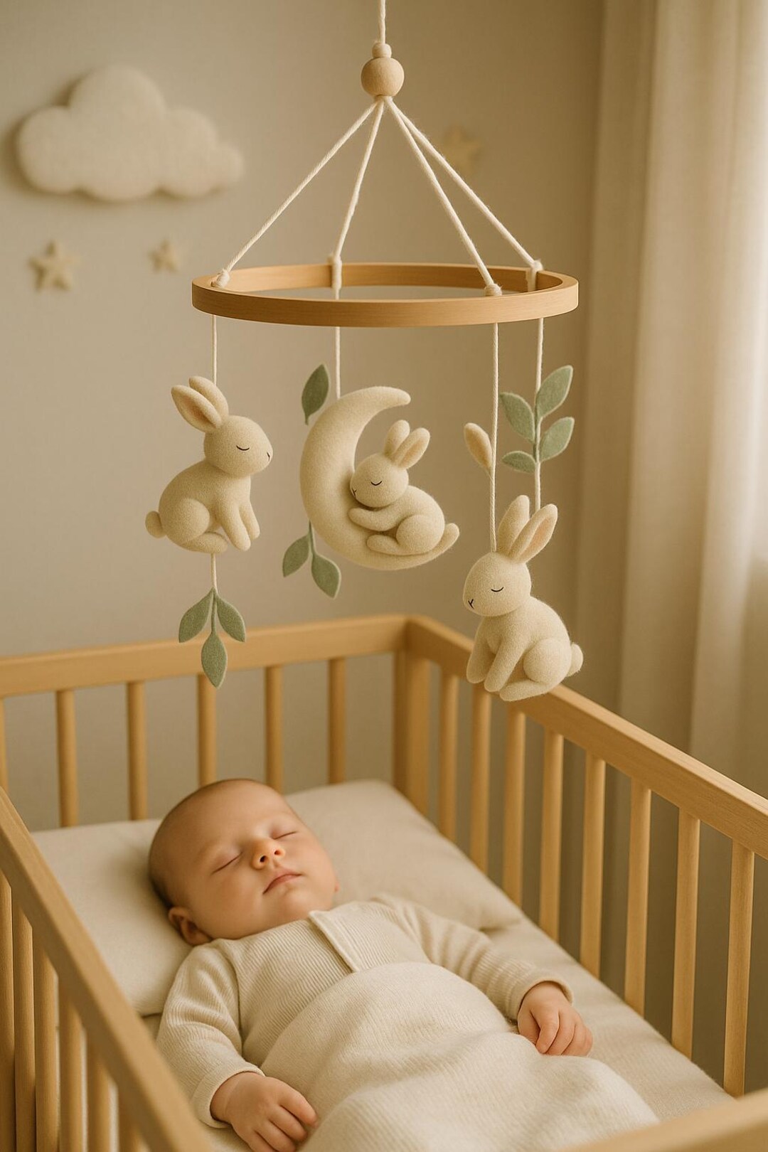Neutral Baby Mobile: Felt Rabbits, Stars, Musical Crib Decor - Etsy
