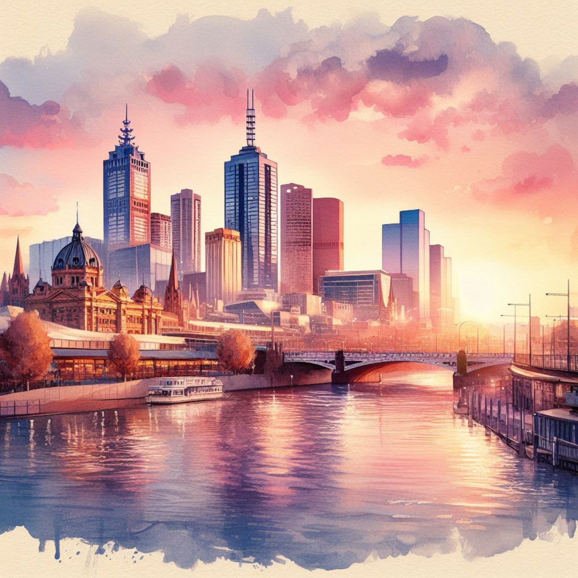 Melbourne Watercolor Digital Painting, Melbourne Print, Melbourne ...