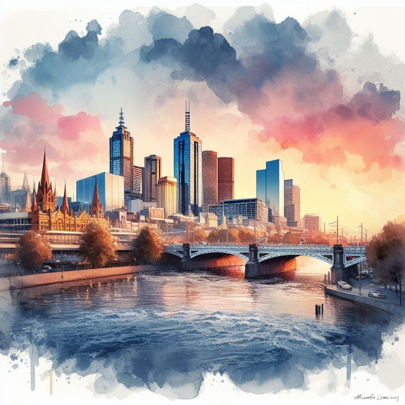 Melbourne Watercolor Digital Painting, Melbourne Print, Melbourne ...