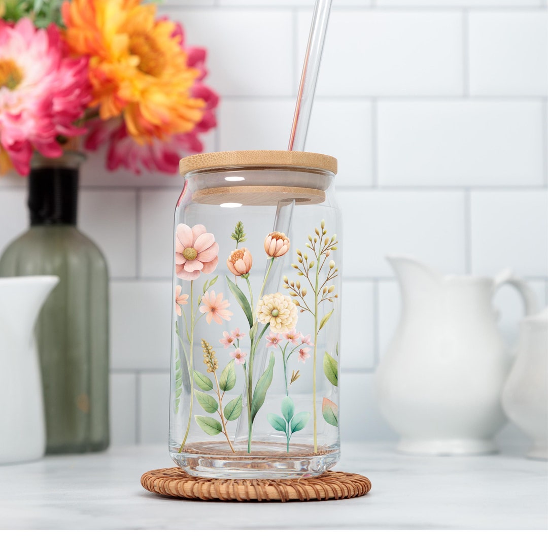 Wildflower Sipper Glass, 16oz Floral Libbey Glass Vintage Inspired ...